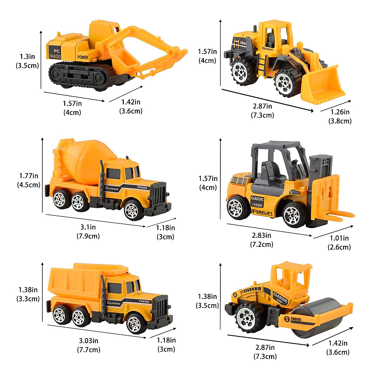 BenRich 6 Pcs Mini Die Cast Car Set 1/64 Scale Alloy Construction Trucks - Dump Truck, Excavator, Forklift, Road Roller, Bulldozer, Mixer Truck - Toy Cars for Kids Boys Girls Birthday Xmas Present