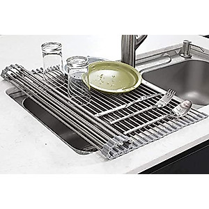 EC ELEGANTCHARM Roll Up Dish Drying Rack Extra Large (20.5" x 16") Multipurpose Folding Drainer Stainless Steel Silicone Coated Rims Rinsing Dish Rack