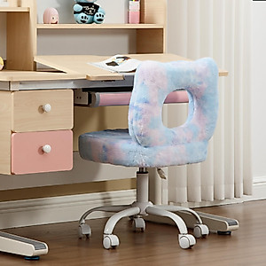 LukeAlon Adjustable Kids Desk Chair with Wheels & Bear Shaped Back, Faux Fur Swivel Rolling Chair for Bedroom Reading Living Room, Cute Computer Office Chairs for Teen Children Gift, Dreamy Blue