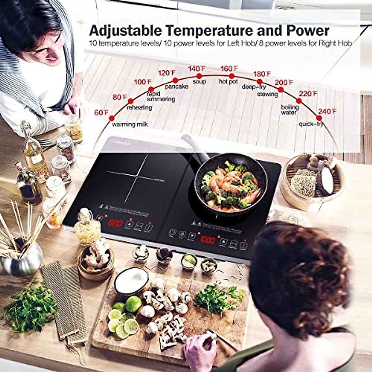 Double Induction Cooktop AMZCHEF Induction Cooker 2 Burners, Low Noise Electric Cooktops With 1800W Sensor Touch, 10 Temperature & Power Levels,Independent Control,3-hour Timer, Safety Lock