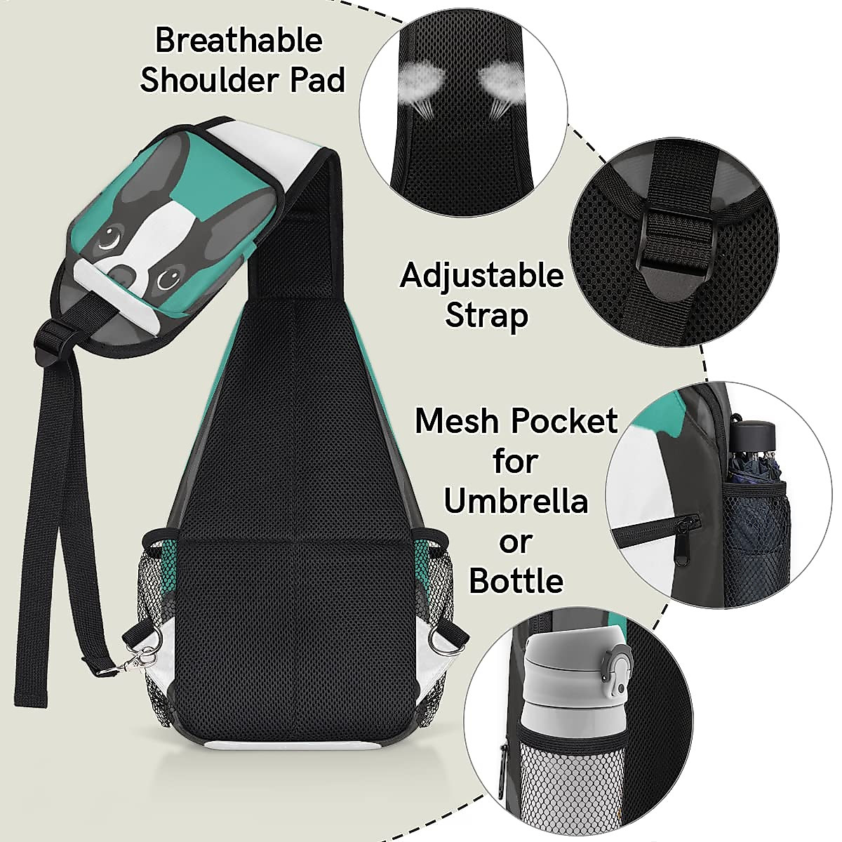 meathur Boston Terrier Dog Sling Backpack Shoulder Chest Bag Crossbody Shoulder Sling Bag Travel Hiking Daypack for Women Men