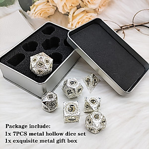 Metal Dice Set 7pcs DND - Table Game RPG Hollow Dice Silver and Black, with Metal Gift Box, Suitable for Dungeon and Dragon D&D MTG, Math Teaching, Polyhedron D4 D6 D8 D10 D10％ D20