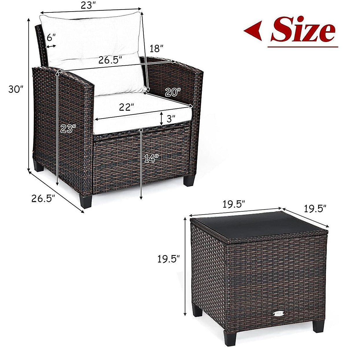 LDAILY Patio Furniture Set, 3 Pieces PE Rattan Wicker Patio Sofa Chairs with Washable Cushion & Glass Table, Outdoor Furniture Conversation Sets for Porch, Balcony, Garden, Poolside (Red)