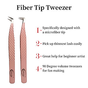 SZELES Fiber Tip Tweezers Diamond Grip Eyelash Extensions Tweezer Anti-Slip solation Volume Lash Tweezers For Lash Tweezers (FTT1-PINK) (FTT1-PINK)