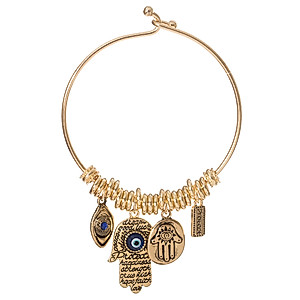 Artisan Owl Hamsa Hand Evil Eye Dangling Charm Protection Bracelet (Gold Tone)