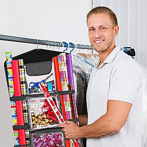 ProPik Hanging Double Sided Wrapping Paper Storage Organizer With Multiple Pockets Organize Your Gift Wrap, Gift Bags Bows Ribbons 40"X17" Fits 40 Inch Rolls Clear PVC Bag (Black)