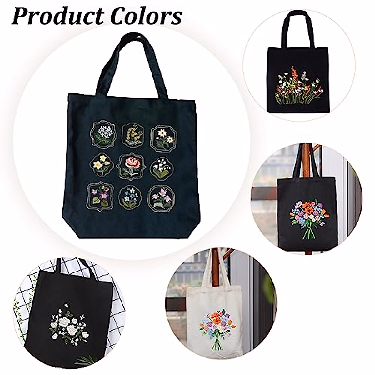 WADORN DIY Canvas Tote Bag Embroidery Kit, Flower Pattern Canvas Bag Materials Making Set DIY Embroidery Bag Cross Stitch Kits Personalized Canvas Bag Kits Include Hoops Needles for Adults, Black 1