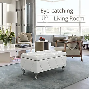 LUE BONA Storage Ottoman Bench, 38'' Upholstered White Faux Leather Ottoman with Crystal Tufted Button, Flip Top Foot Rest, End of Bed Bench Seat for Bedroom, Living Room, Vanity, 350LBS
