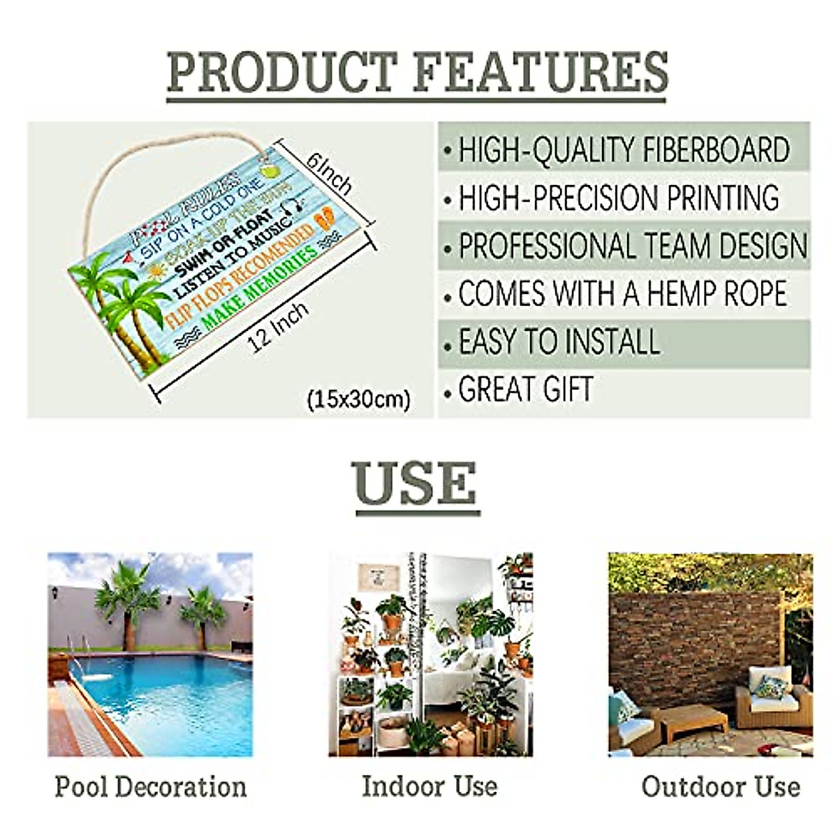 Jacevoo Retro Wood Sign Pool Rules Hanging Sign Pool Patio Wall Decoration Outdoor Swimming Pool Decor Pool Sign 6x12 Inch