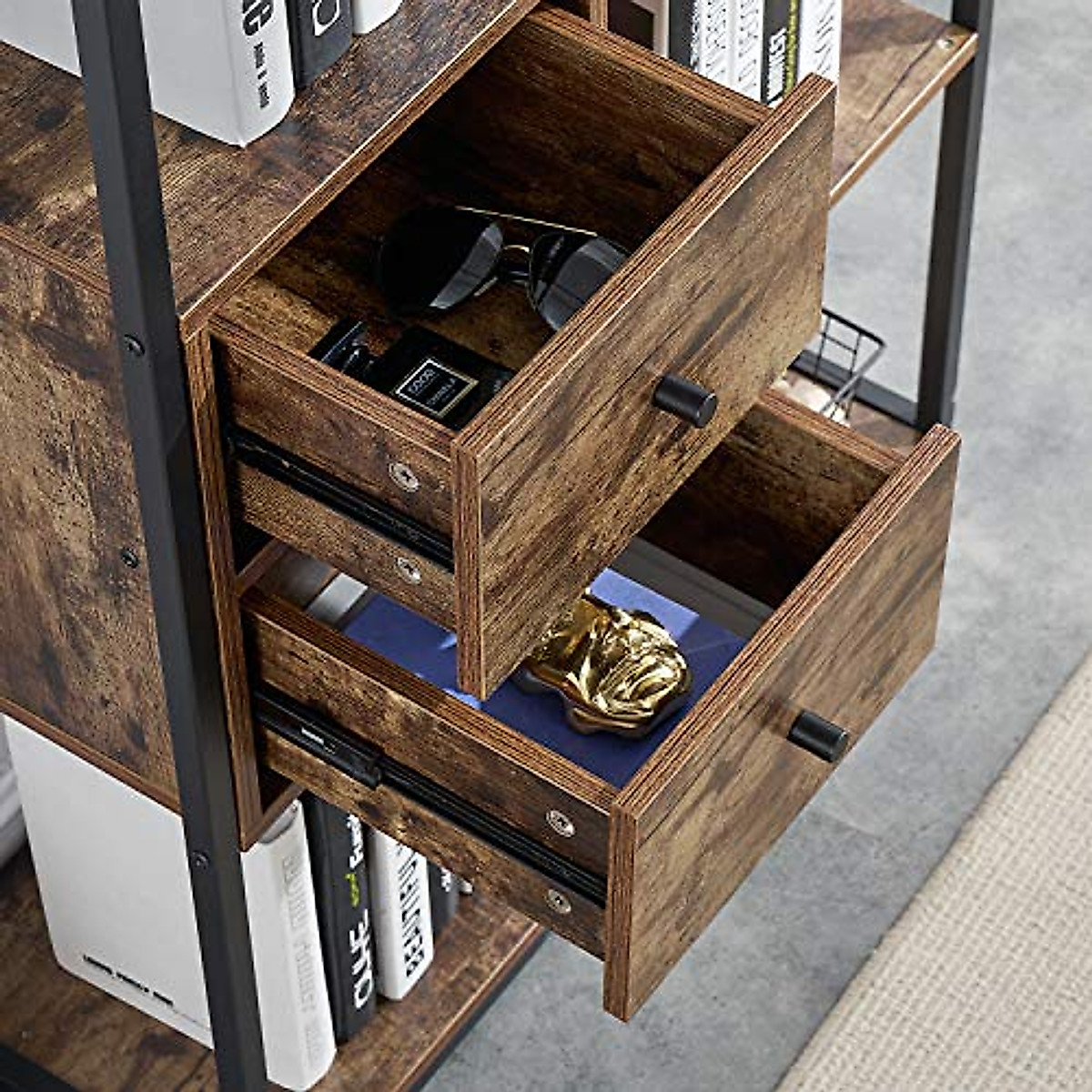 VECELO Bookshelf/Bookcase,Open Book Shelf with Middle Drawers Storage Organizer for Living Room,Home Office