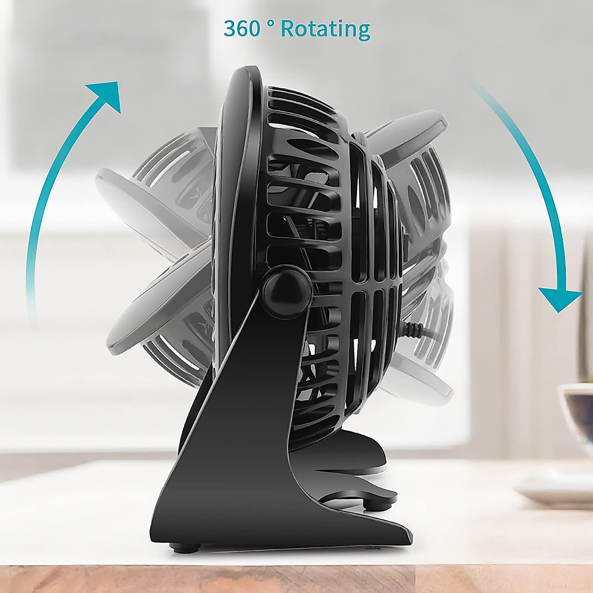 4 Inch Mini USB Desk Fan Quiet, 2 Speeds, Lower Noise, USB Powered, 360° Up and Down, 3.8 ft Cable, Powerful Desktop Fan for Home Office Room