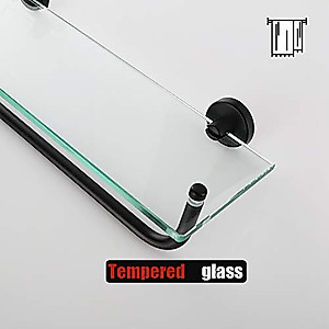 JQK Bathroom Glass Shelf, Shelf with 15 Inch Towel Bar Tempered Glass Shower Storage 16 by 5 inches, 304 Stainless Steel Matte Black Wall Mount, TGS100-PB