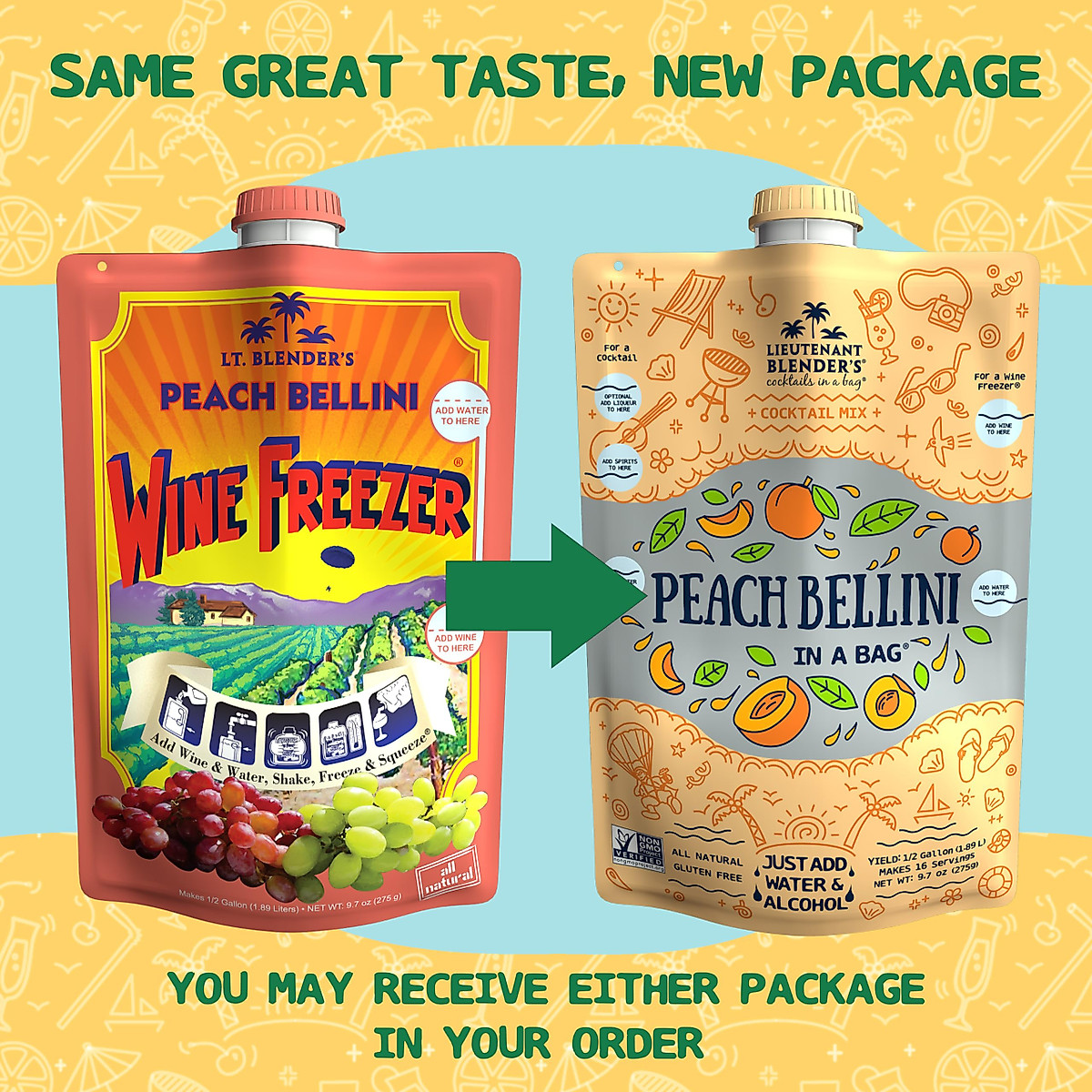 Lt. Blender's Peach Bellini in a Bag - Wine Slushie Mixes - Each Bag Makes 1/2 Gallon of Frozen Peach Bellini Mix – Non-GMO Wine Freezer mix - Make with Wine, Liquor or as a Mocktail - (Pack of 3)