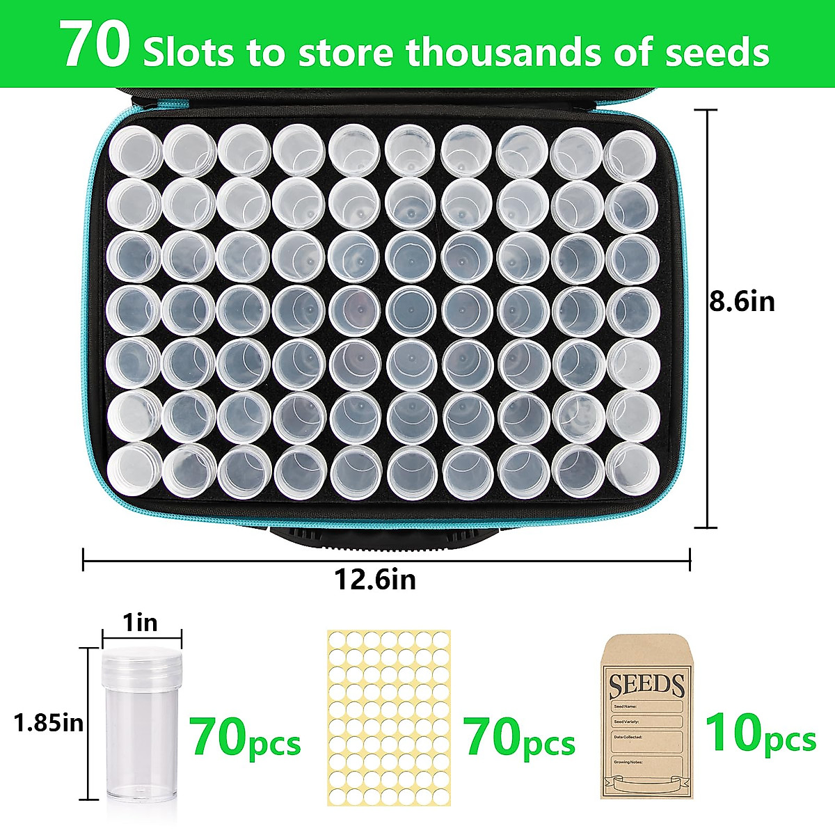 70 Slots Seed Organizer Storage Box with 10PCS Seed Envelopes, Premium Seed Containers for Various Sizes Vegetable and Flower Garden Seeds, Gardening Seed Keeper Set with Useful Accessories (Blue)