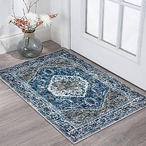 KOZYFLY Small Area Rug 2x3 Ft Rugs for Entryway Washable Boho Entry Rug Non Slip Door Mat Indoor Entrance Blue Printed Faux Wool Vintage Printed Kitchen Rug Throw Rugs for Entrance Kitchen Bathroom