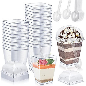 Vmiapxo 50 Pack 5oz Dessert Cups with Dome Lids and Spoons, Desserts Containers Clear Serving Bowls Fruit Salads Parfait Cake Pudding Charcuterie Plastic Cups for Wedding Birthday Christmas (Square)