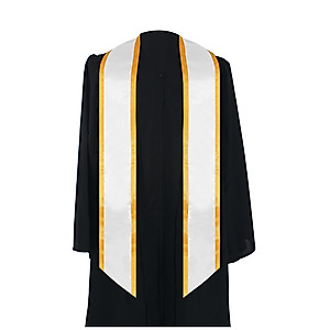 GraduationMall Plain Graduation Honor Stole Angled End White With Gold Trim Unisex Adult 72" Long