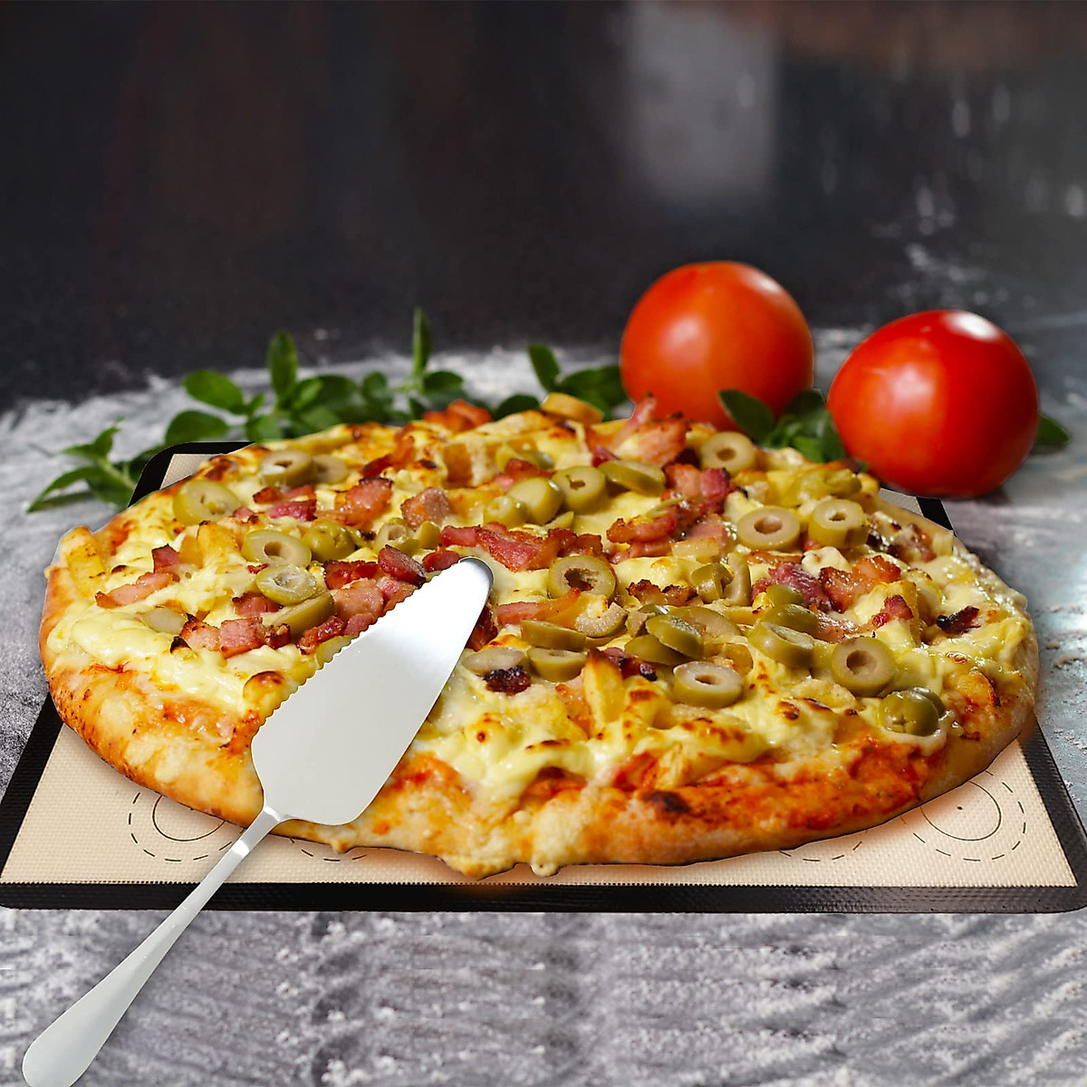 Silicone Baking Mat 3 Pieces, With 7.9 inch Pizza Spatula, Non-Stick Mat is Used to Make Baking Mats for Biscuits, Bread, Pizza, Macaroon and Various Pastries.