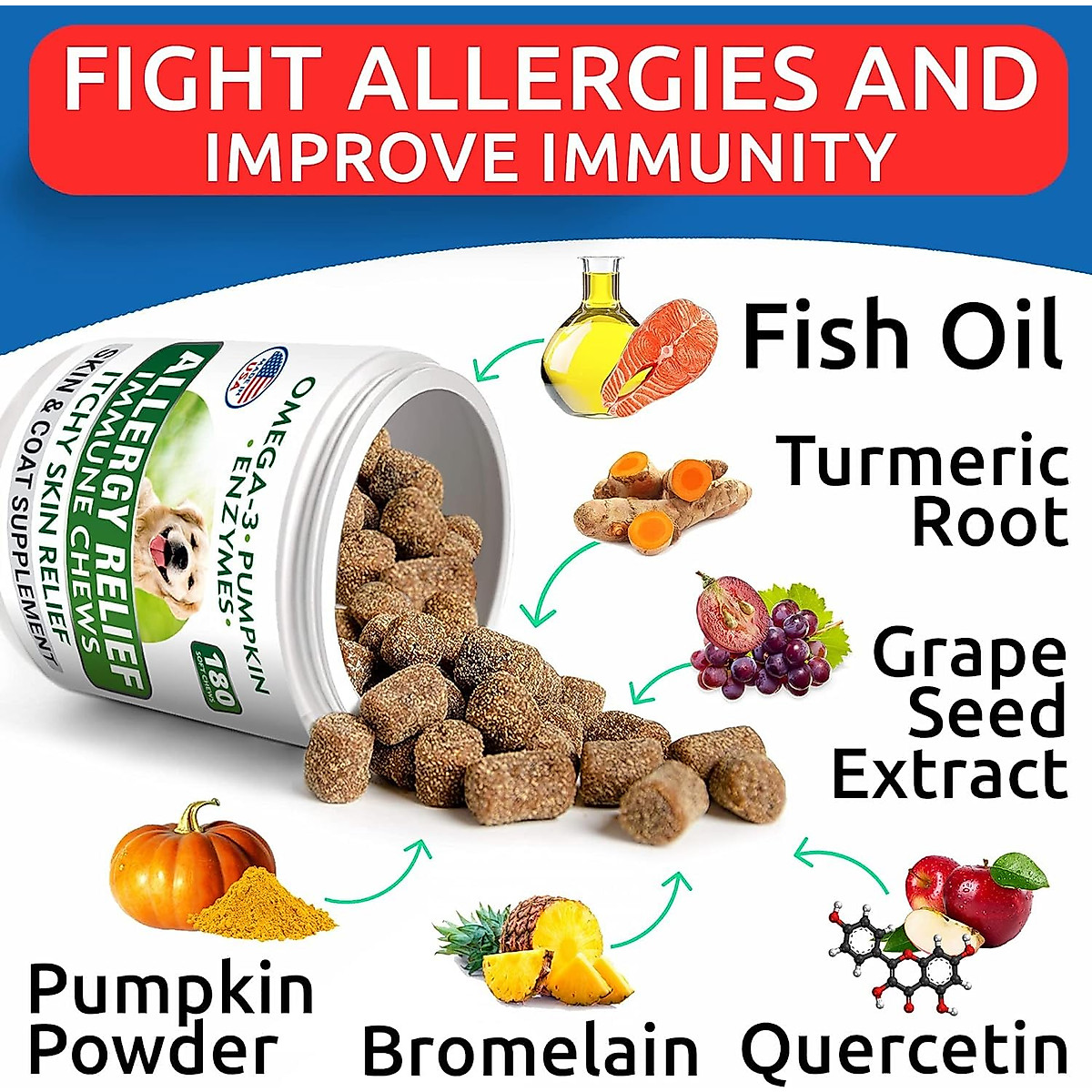 BARK&SPARK Dog Allergy Relief Chews (180 Immune Treats) - Anti-Itch Skin & Coat Supplement - Omega 3 Fish Oil - Itchy Skin Relief Treatment Pills - Itching&Paw Licking - Dry Skin & Hot Spots