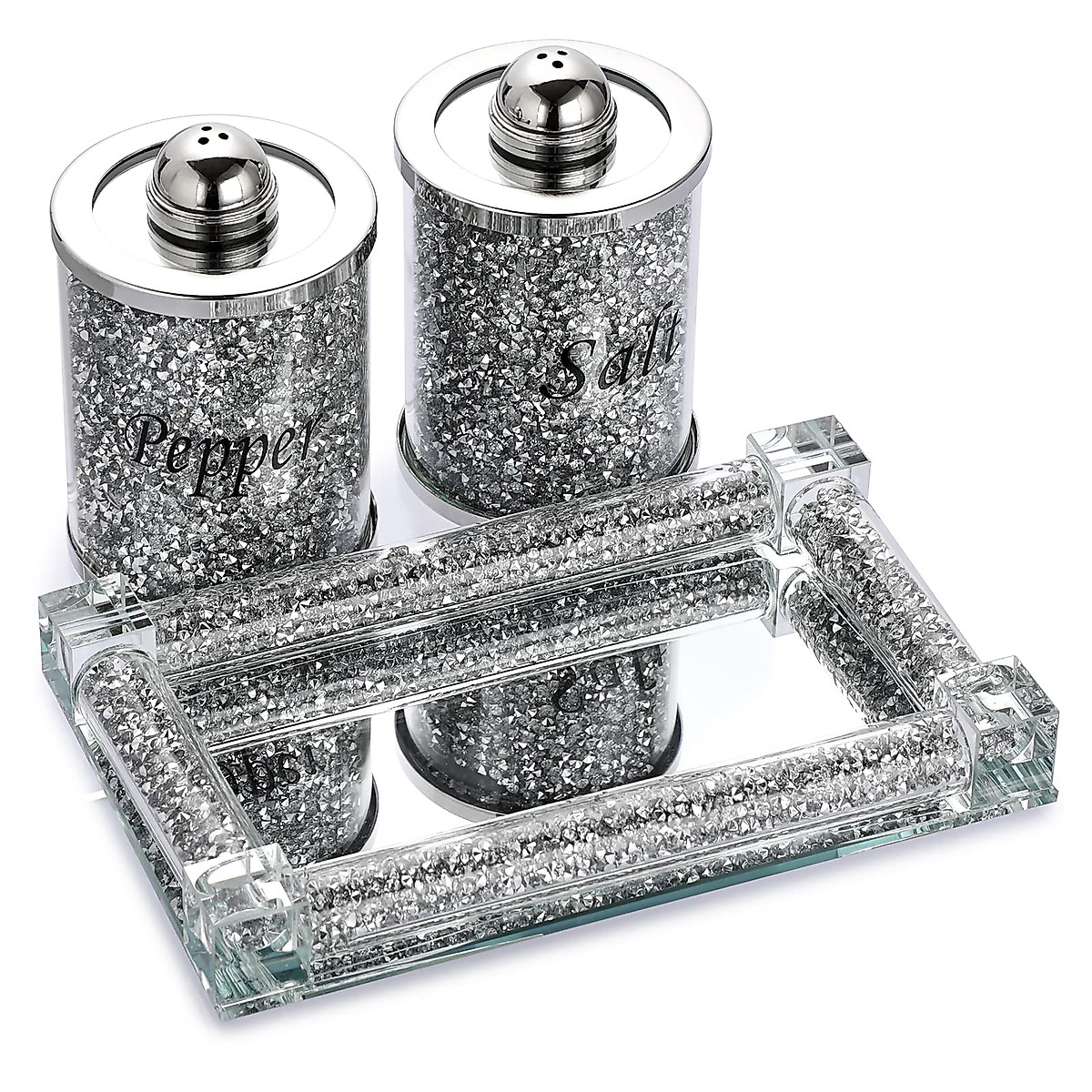 JUXYES Crushed Diamond Salt and Pepper Shakers With Tray, Luxurious Diamond Style Salt Pepper Shaker, Bling Glass Salt and Pepper Shakers, Sparkly Salt Pepper Glass Jar for Dining Table, Restaurant