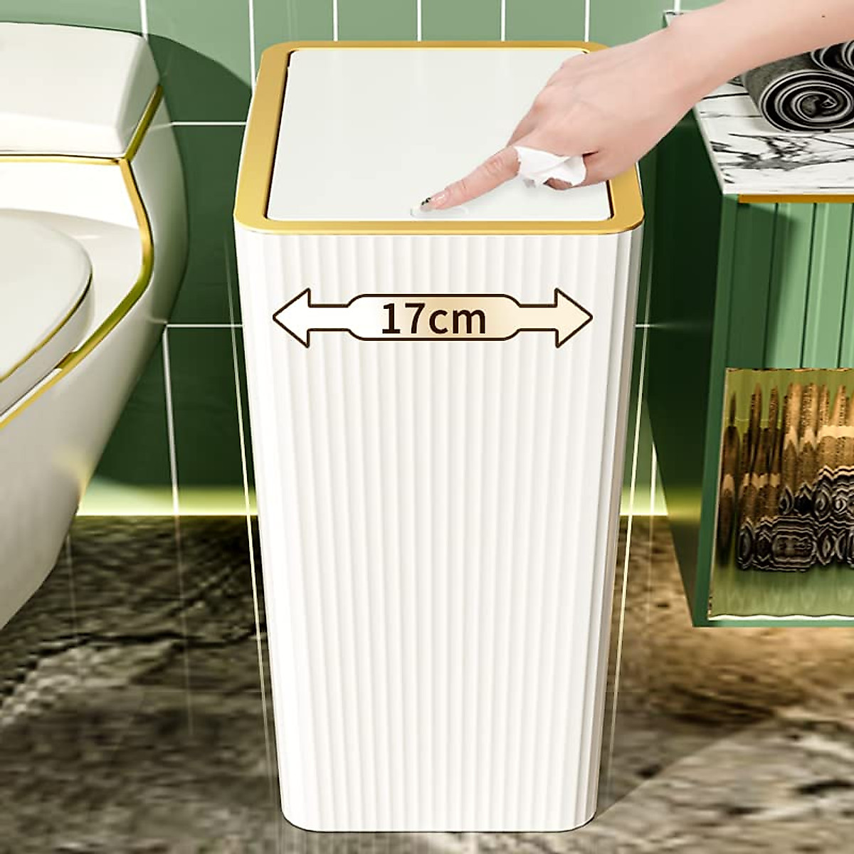 IEEK 2 Pack of Trash Can with Lid,4 Gallons/15 Liters Garbage Can with Press Top Lid Plastic Dog Proof Trash Bin,Waste Basket for Bathroom/Kitchen/Bedroom/Office/Living Room,White and Gold