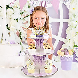 Purple Cupcake Stand for Girls Birthday Party Decorations Lavender Floral Crown Theme Coming of Age Quinceanera Party Cake Serving Tray Princess Wedding Bridal Baby Shower Party Supplies