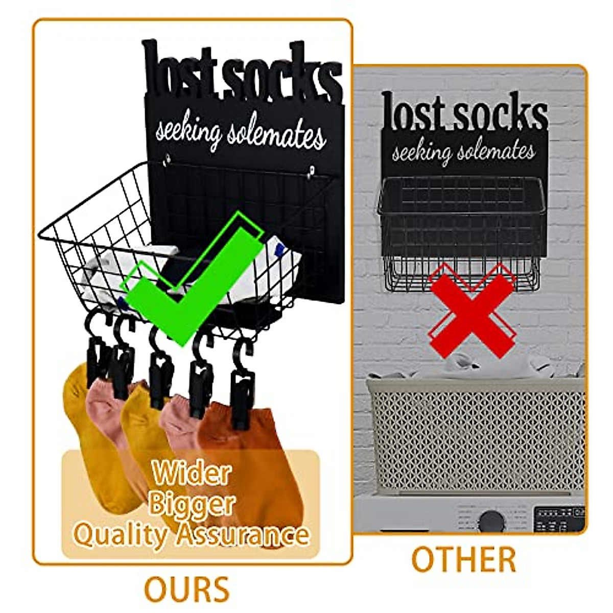 RISICULIS Lost Socks Basket, Laundry Room Decor and Accessories, Rustic Laundry Room Organization, Black Wooden Lost Socks Sign for House Decor, Missing Sock Basket with 5 pcs Clips
