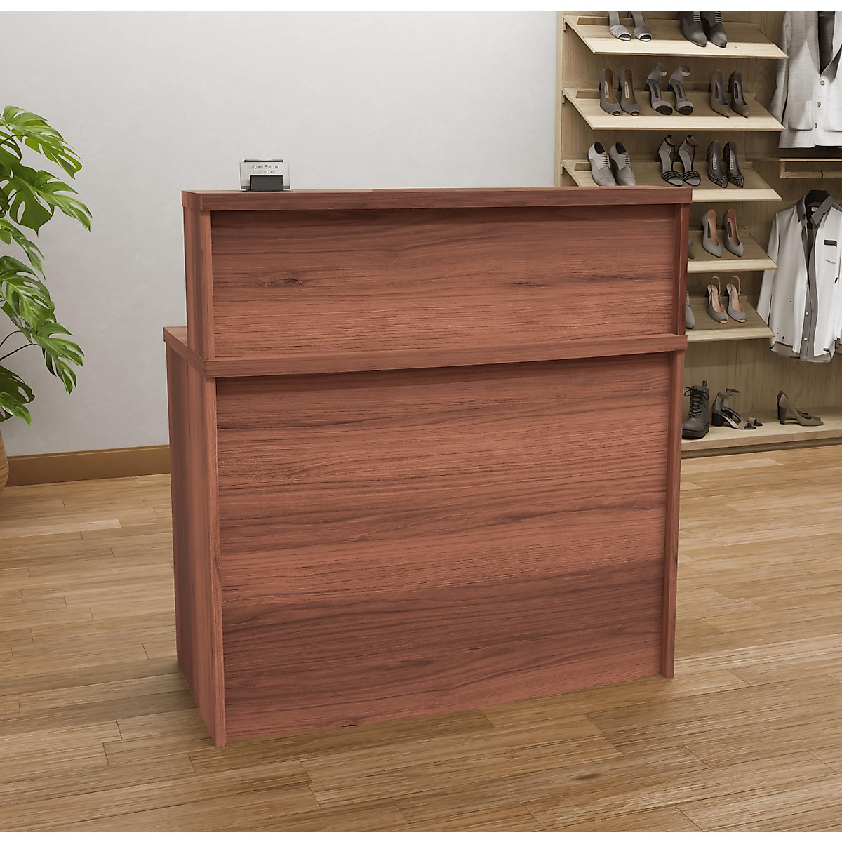 UGOS Mono Walnut Modern Reception Desk w/Transaction Counter | Laminate Desktop | Multifunctional Standing Front Desk for Home, Office, Salon, Spas, and Lobby (40 inch (100 cm))