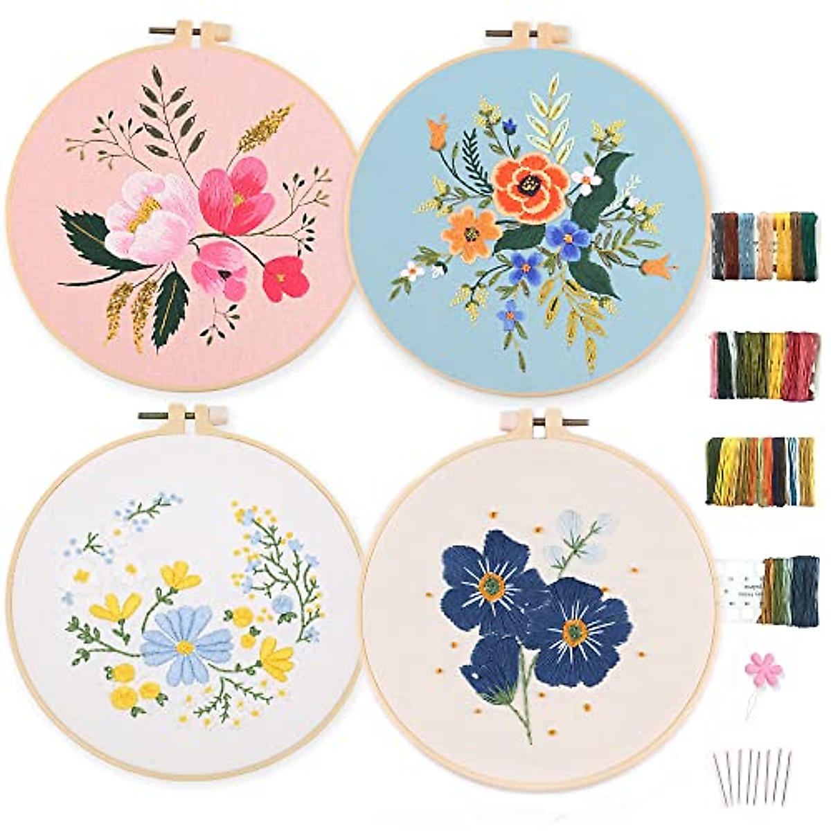 Myfelicity 4 Sets of Embroidery Starter Kits, Adult Women’s Hobbies, Including Cloth with Floral Patterns, Colored Threads, Needles, Hoops and Instructions