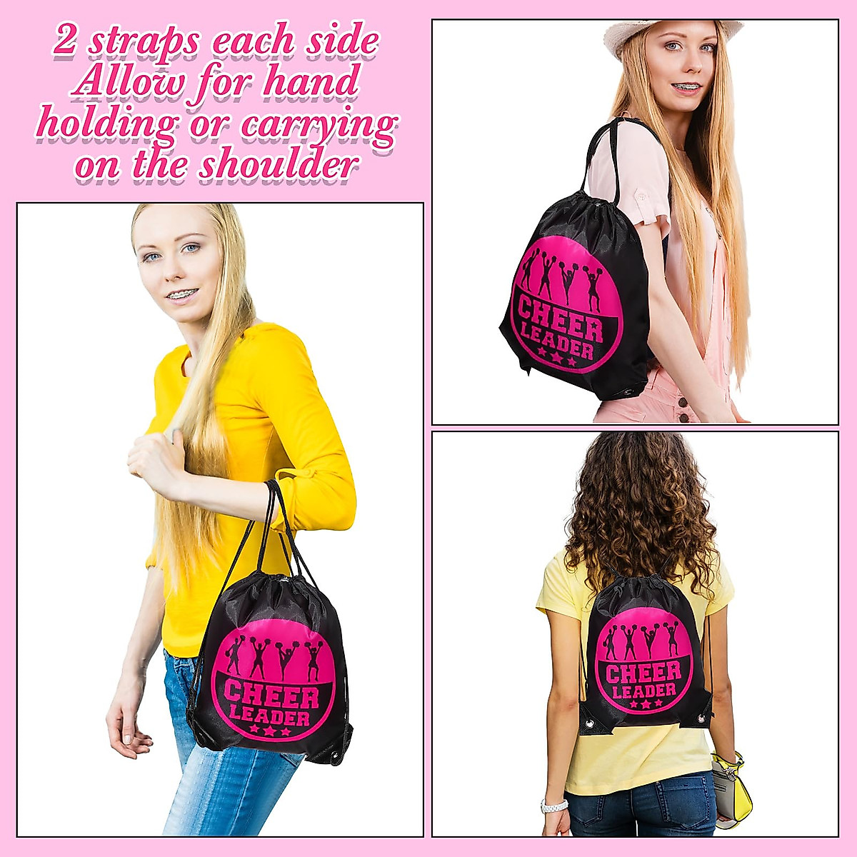 Paterr 12 Pcs Cheer Drawstring Backpack Cheerleaders Drawstring Gym String Bag Sports Gifts for Women Men(Pink, 11.8 x 10 Inch)