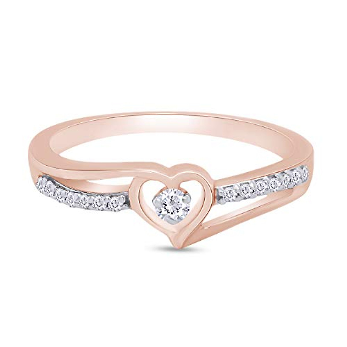 AFFY Round Cut Natural White Diamond Split Shank Heart Promise Bypass Engagement Ring In 14k Gold Over Sterling Silver (0.10 cttw, Color- I-J, Clarity- I2-I3) Gift For Her