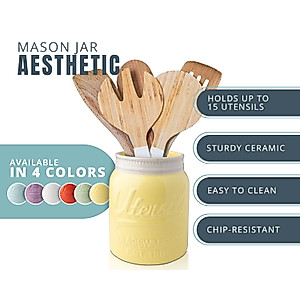 Wide Mouth Mason Jar Utensil Holder Decorative Kitchenware Organizer Crock, Chip Resistant Ceramic, Dishwasher Safe - Kitchen Caddy Green, Large Size 7" High - Yellow