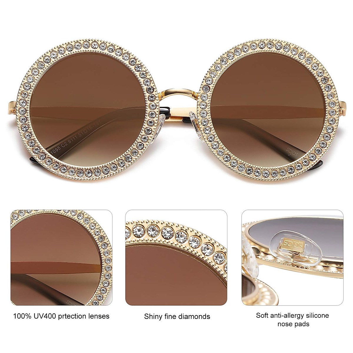 SOJOS Shining Oversized Round Rhinestone Sunglasses Festival Gem Sunnies SJ1095 with Gold Frame/Gradient Brown Lens with Crystal Diamonds