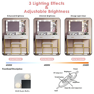 Wildhome Vanity Set with Lighted Mirror,Vanity Desk with 2 Drawers,Makeup Vanity Dressing Table with 9 Lights for Women, Dresser Desk Vanity Set for Bedroom,with Cushioned Stool,Gold (White)
