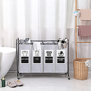 C&AHOME 4-Bag Laundry Sorter Cart, Rolling Laundry Hamper Organizer, Laundry Basket Sorter, Removable Bags with 6 Sorting Cards and Heavy Duty Rolling Lockable Wheel for Clothes Storage, Grey ULSCM04G