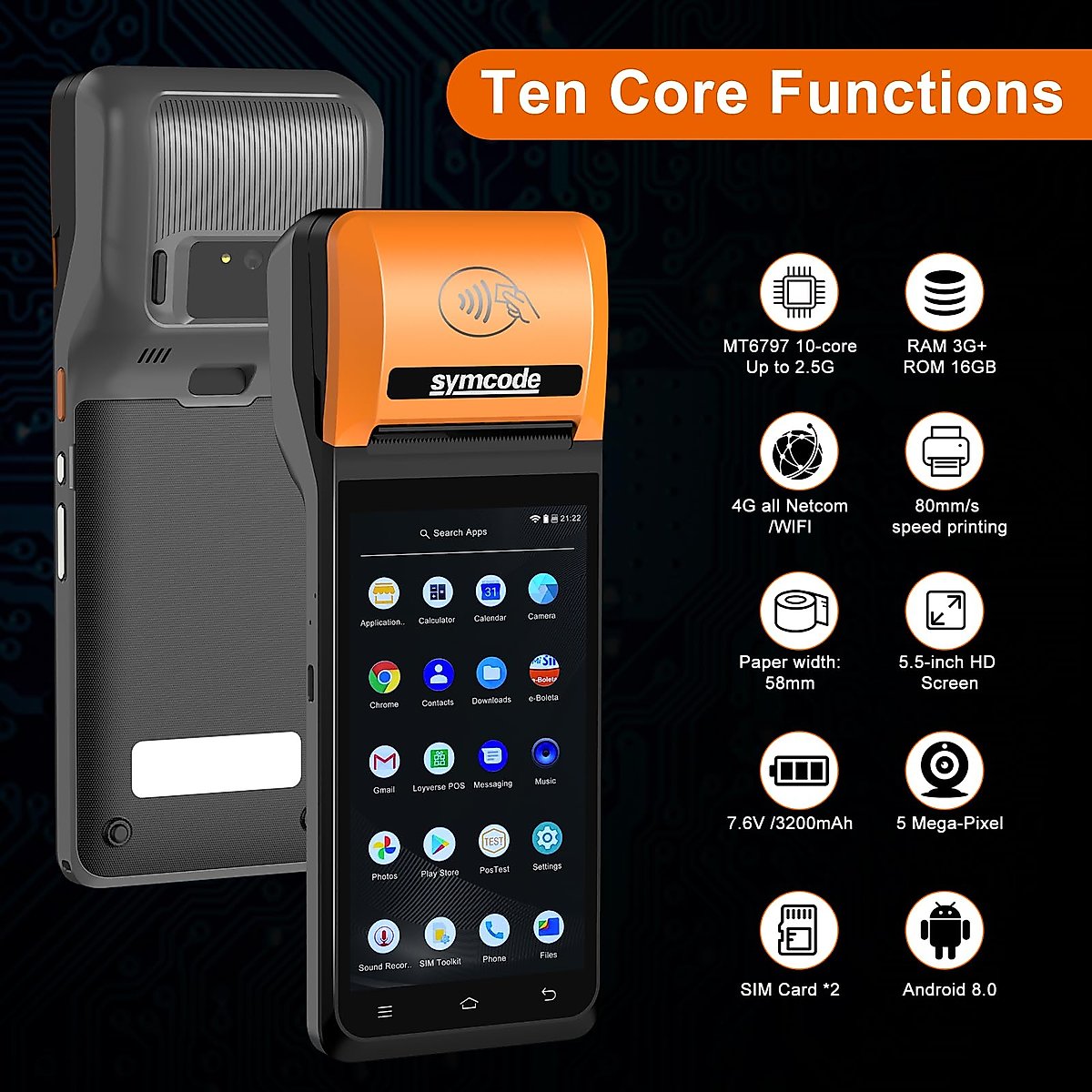symcode Thermal POS Receipt Printer with Android 8.0 OS 5.9inch Touch Screen Terminal Handheld PDA Printer, Support Wi-Fi Bluetooth, Support Loyverse, Kyte, iReap, Built-in Google Play Orange