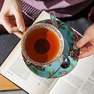 Panbado 3 Piece Bone China Tea Cup Saucer Set with Spoon Porcelain Gold Rimmed Teacup Coffee, Flower and Birds, 200 mL/6.8 oz, Blue Cup & Saucer, Dark