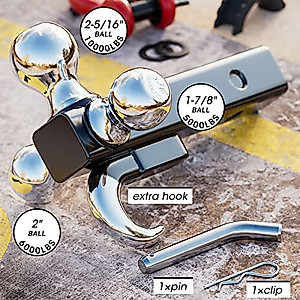 PLIOSAUR Tri Ball Hitch with Hook&Pin,Ball Size 1-7/8"Ball Hitch, 2" and 2-5/16"Trailer Ball Fit 2 Inch Receiver,Howllow Shank Tow Hitch,Black