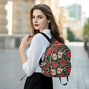 Yasala Halloween Women Backpack Sugar Skull Vivid Flower Leaves Travel Bag Compact Daily Bag Diaper Bag