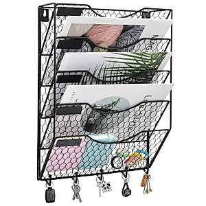 COSYAWN 5 Tier Wall File Holder with Hook, Hanging Mail Organizer Metal Chicken Wire Wall Mount Magazine Rack with Label Panel, Black