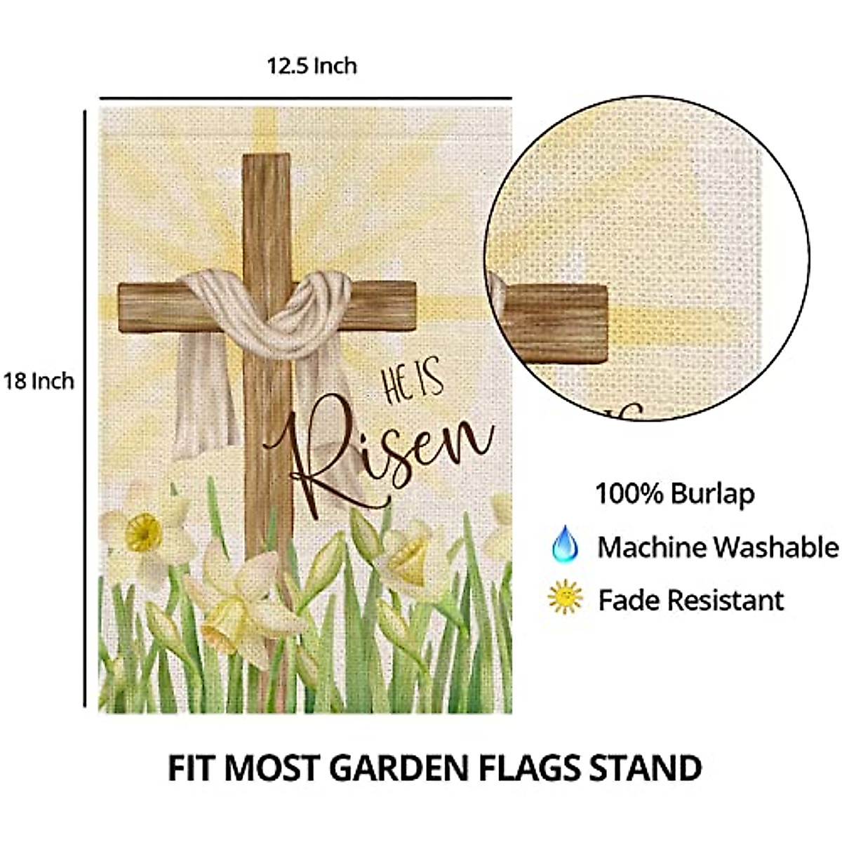 Easter Cross Garden Flag 12x18 Inch Double Sided,Religious Cross He is Risen with Narcissus,Small Spring Yard Flag for Outside Farmhouse Seasonal Holiday Outdoor Decor