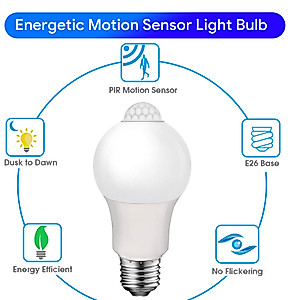 ENERGETIC Motion Sensor Light Bulb, 60 Watt Equivalent (8.5W), Indoor/Outdoor Automatic Activated by Motion, A19, E26, 5000K Dusk to Dawn Security Bulbs for Entrance, Porch, Stairs, Hallway, 2 Pack