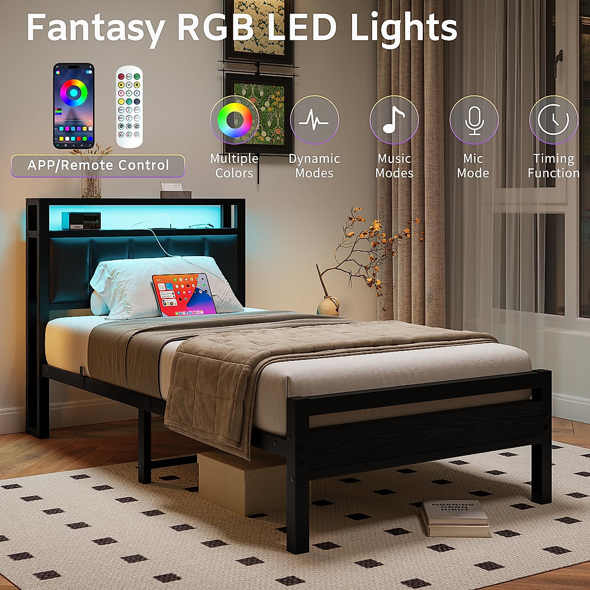 HOJINLINERO Twin Bed Frame with Charging Station & LED Lights,Storage Upholstered Headboard,Metal Bed Frame Twin Size Bed Frames No Box Spring Needed,Mattress Beds Base,Heavy Duty Steel Slats,Black