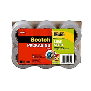 Scotch Sure Start Shipping Packaging Tape, 1.88" x 25 yd, Designed for Packing, Shipping and Mailing, No Splitting or Tearing, 1.5" Core, Clear, 6 Rolls (DP-1000RF6)
