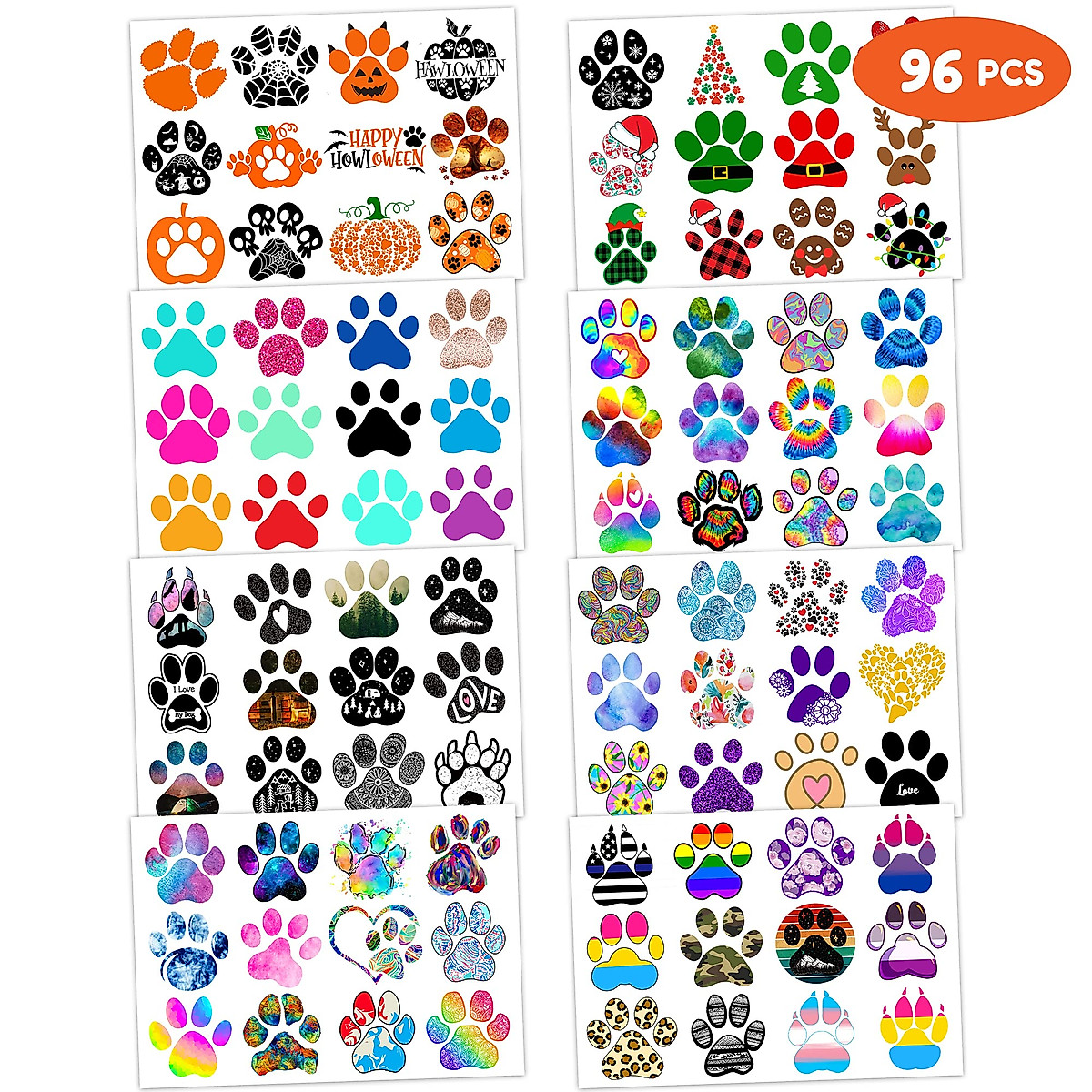 Dog Paw Tattoos Temporary Birthday Party Supplies Decorations Favors Cute Tattoo Sticker 8 Sheets 96 PCS Gifts for Kids Girls Boys Class School Prizes Rewards Carnival Christmas