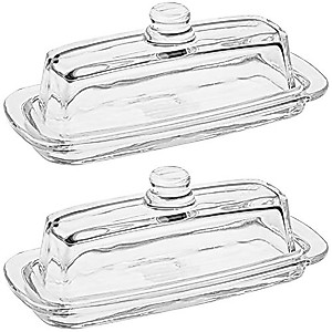 Hedume Set of 2 Glass Butter Dish with Handled Lid, Classic Clear 2-Piece Design Butter Keeper, 100% Food Safe and Dishwasher Safe Standard Size of Butter Dish