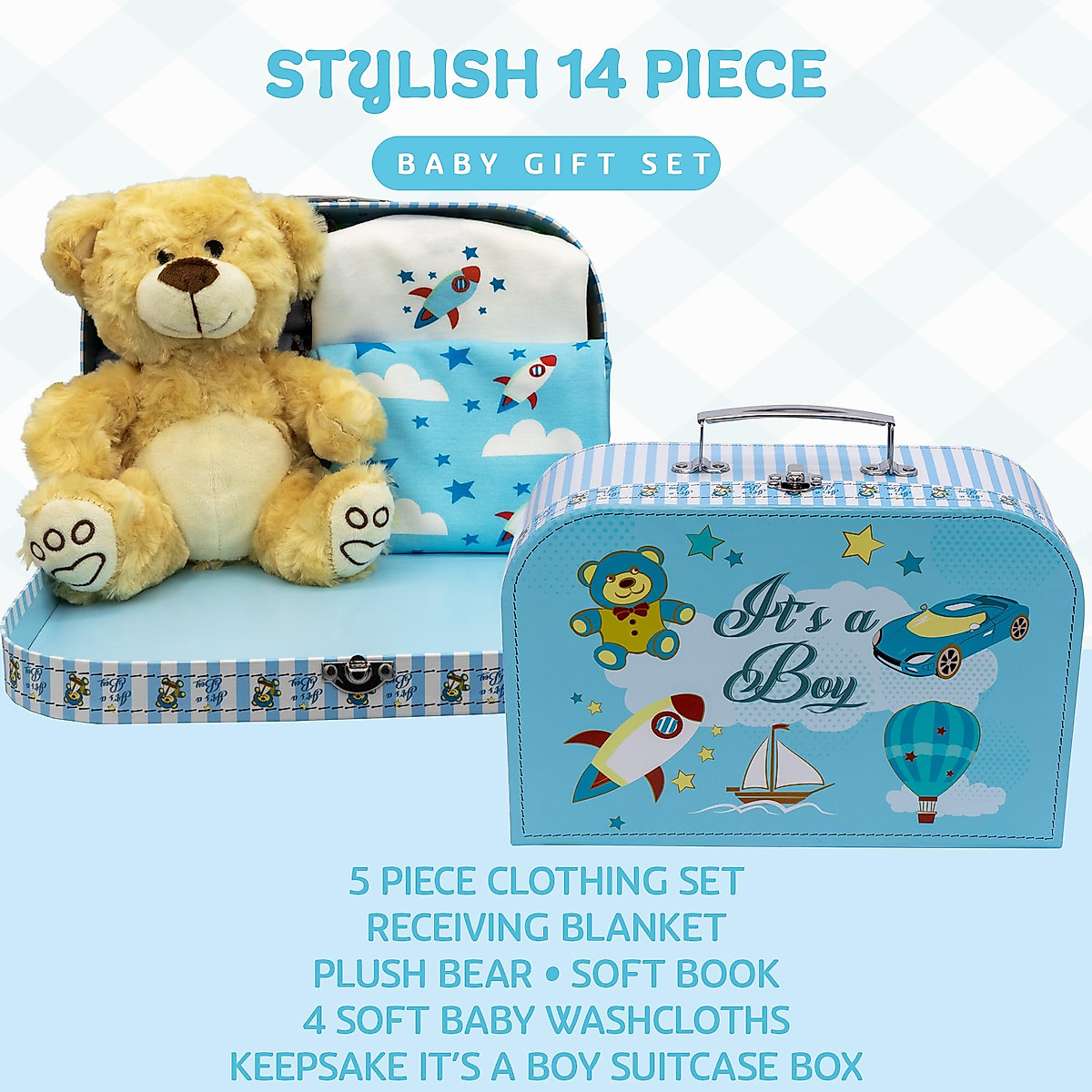Welcome to The World Baby Boy Suitcase, Baby Layette Set and New Baby Essentials in A Keepsake Suitcase Box, Blue, Medium Baby Boy Gift Set - Nikki’s Gift Baskets