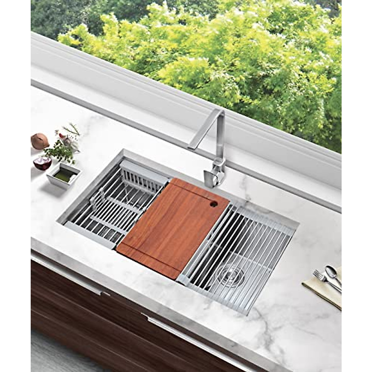 TopCraft Kitchen Sink Workstation Double Bowl 33-inch Undermount 16 gauge Kitchen Sink Stainless Steel Kitchen Sink with Integrated Ledge 60/40 Kitchen Sinks - HRO3319GSS