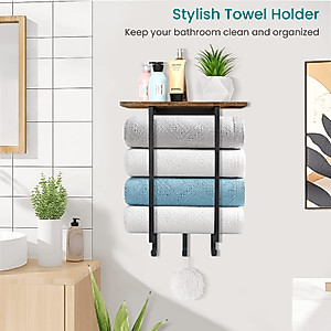 ELITEROO Towel Racks for Bathroom Wall Mounted, Towel Holder with Wooden Shelf and 3 Hooks for Washcloths Hand Towel, Bath Towel Storage Organizer for Small Bathroom, RV, Rustic Brown