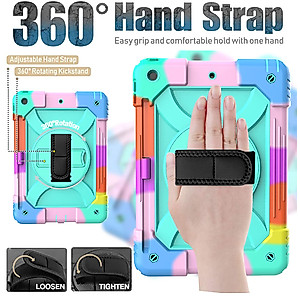 BMOUO iPad 9th/8th/7th Generation Case, iPad 10.2 Case, Shockproof 360 Rotating Stand Shoulder Hand Strap iPad 9th/8th/7th Gen Case with Pencil Holder for iPad 10.2 inch 2021/2020/2019 - Teal